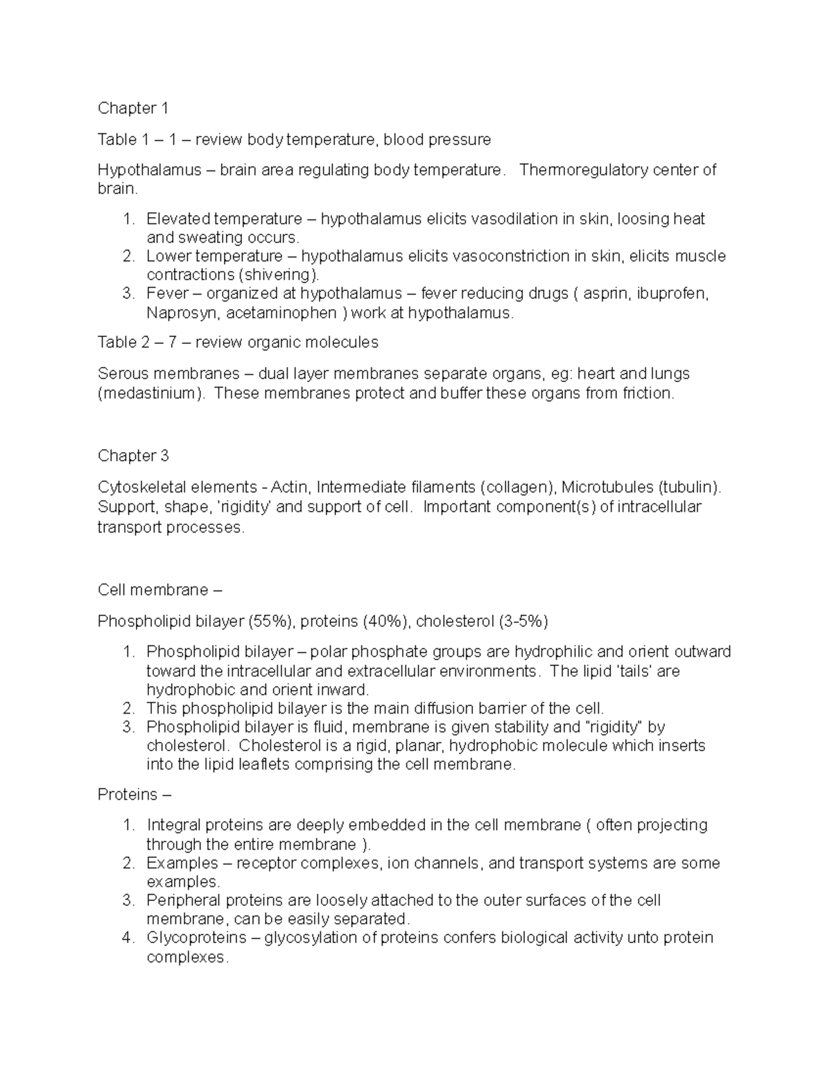 Study Guide: Lectures 1-3 on Body Temperature, Cell Membrane, and ...