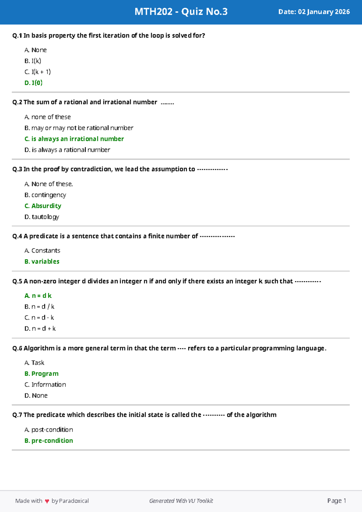 MTH202 Quiz No.3 Questions and Answers - January 2026 - Studocu