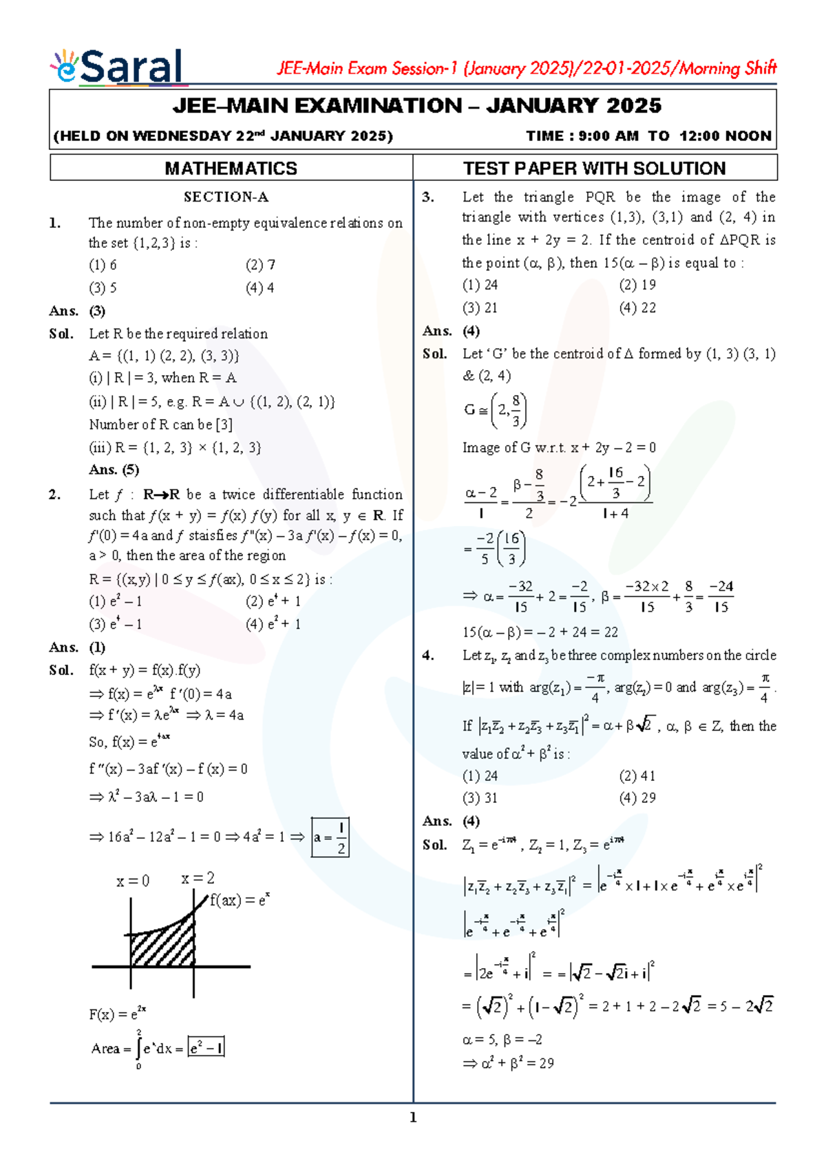 13629 JEE Main 2025 Mathematics Test Paper with Solutions – 22 Jan ...