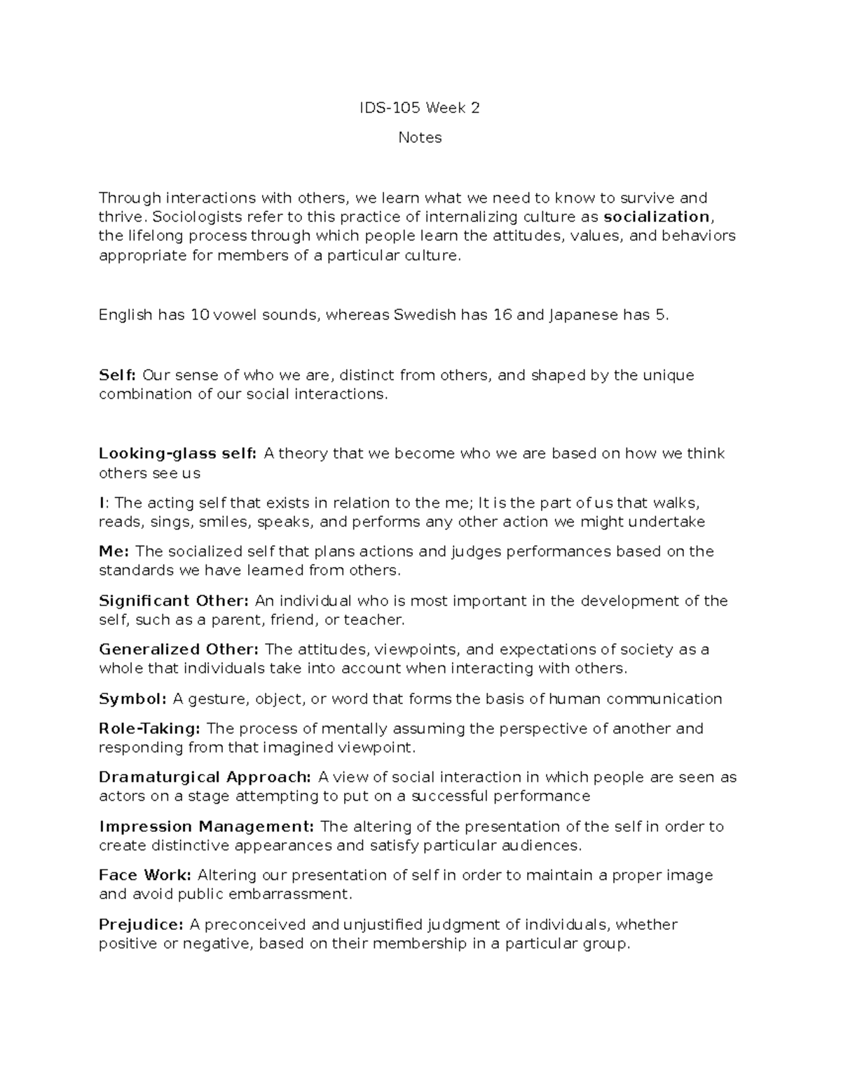 IDS 105 week 2 notes - IDS-105 Week 2 Notes Through interactions with ...