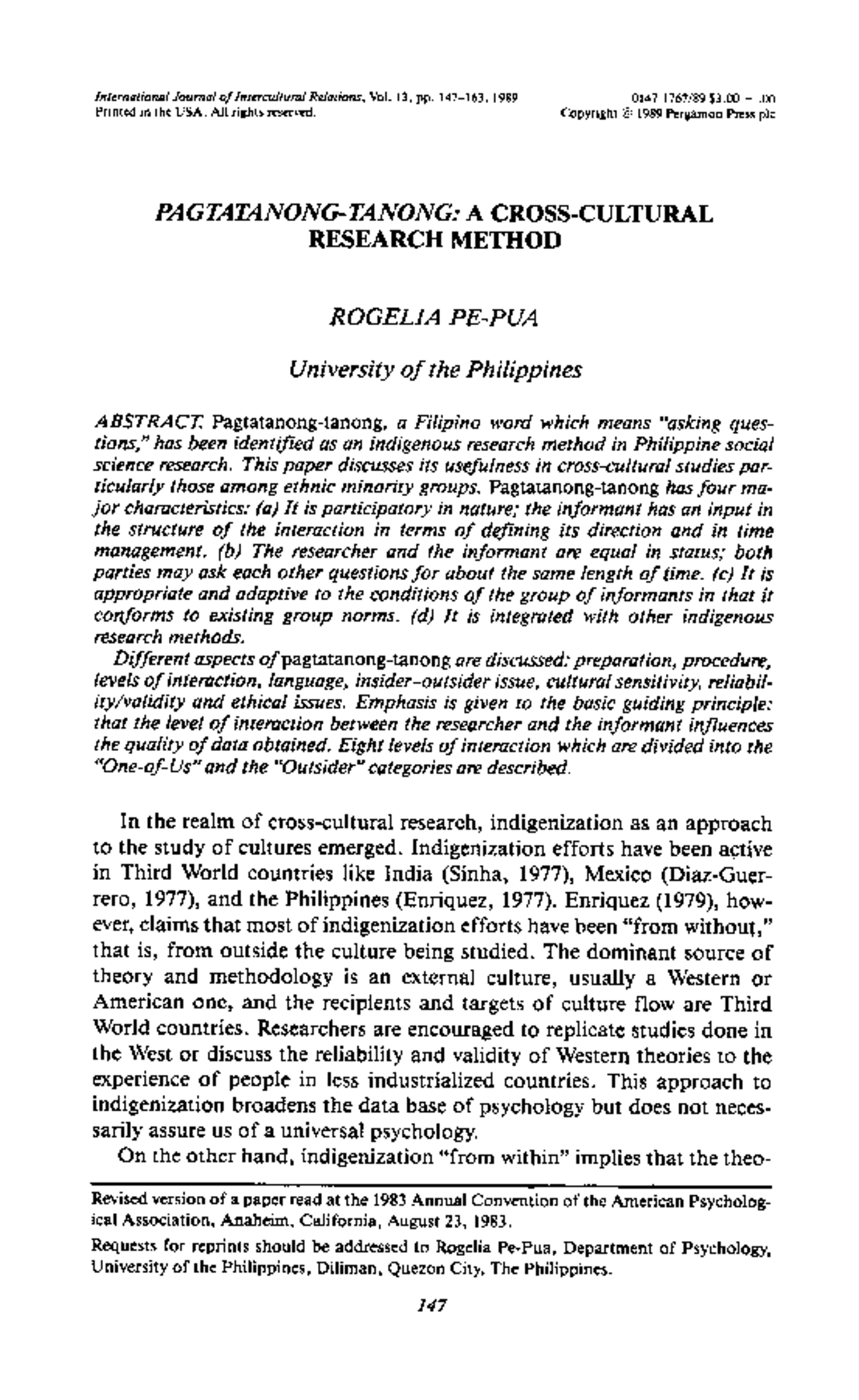 Pagtatanong-Tanong: A Cross-Cultural Research Method (Pe-Pua 1989 ...