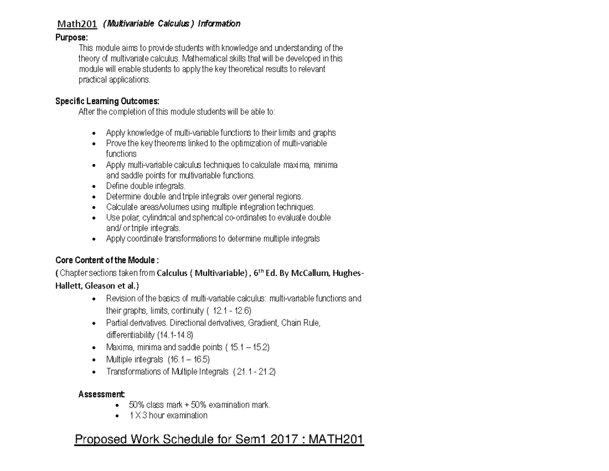 Math201: Multivariable Calculus Module Overview and Schedule 2017 - Studocu