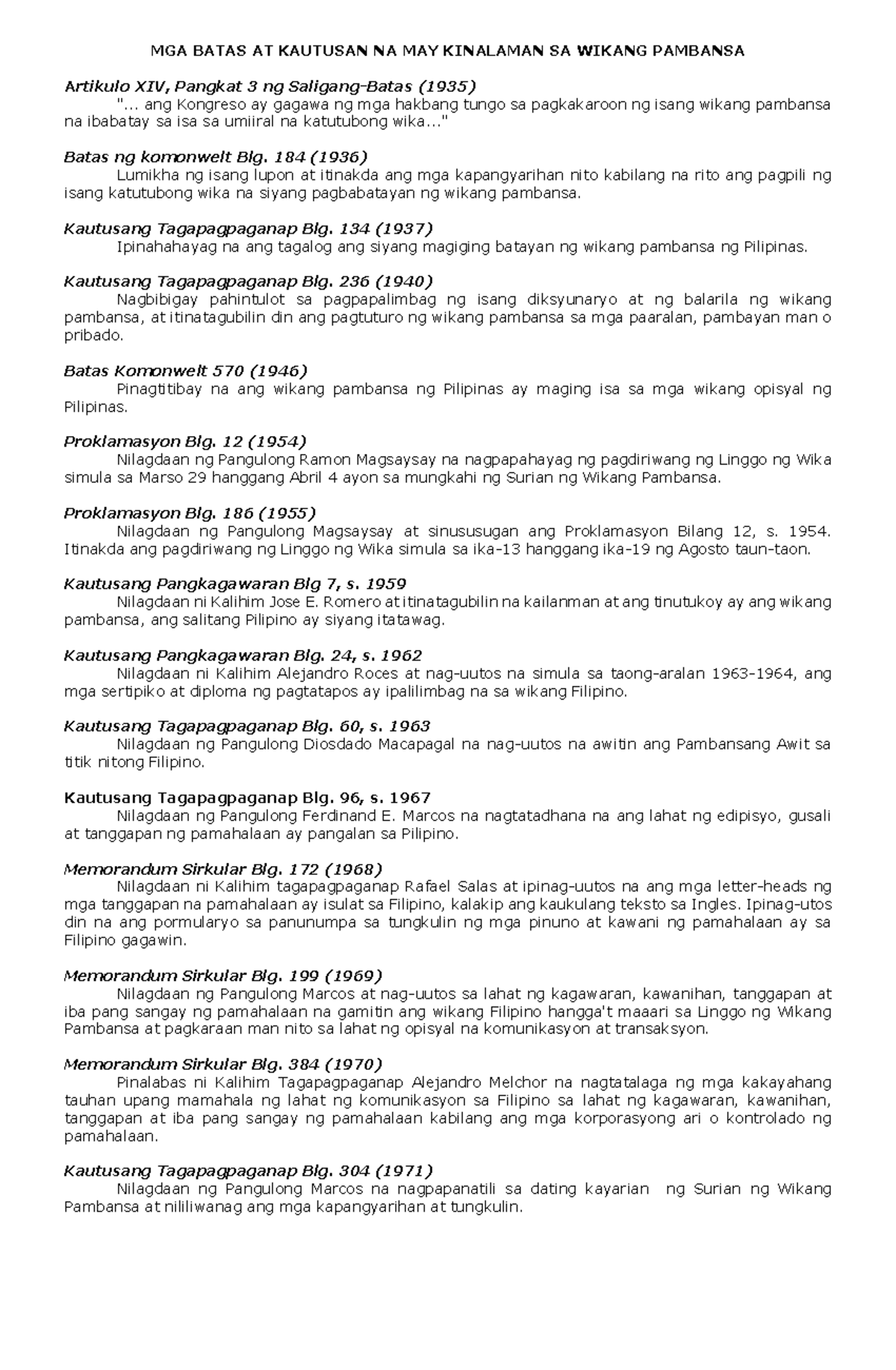 Masining 1 - Mga Batas at Kautusan Kaugnay ng Wikang Pambansa - Studocu