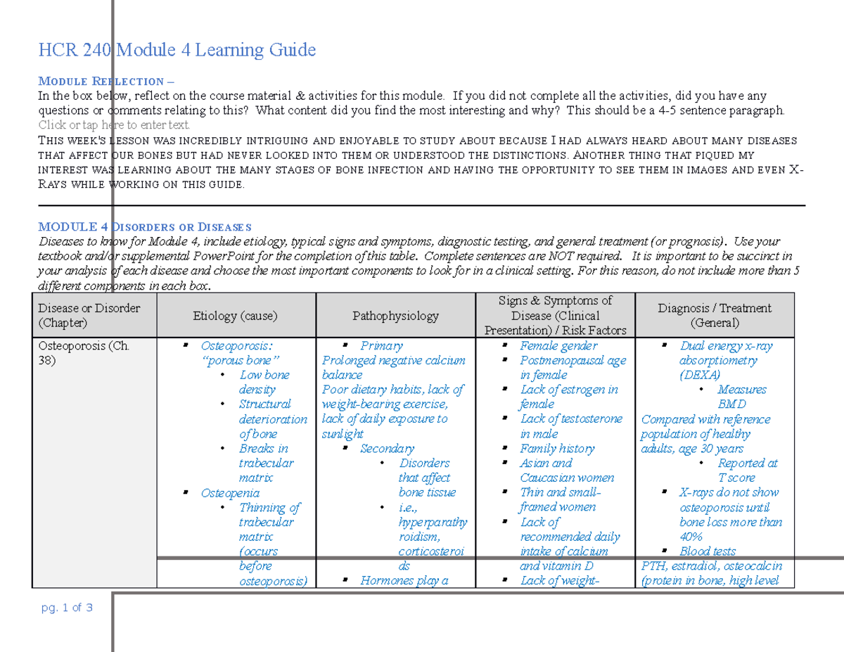 HCR 240 Module 4 Learning Reflections and Key Disorders Guide - Studocu