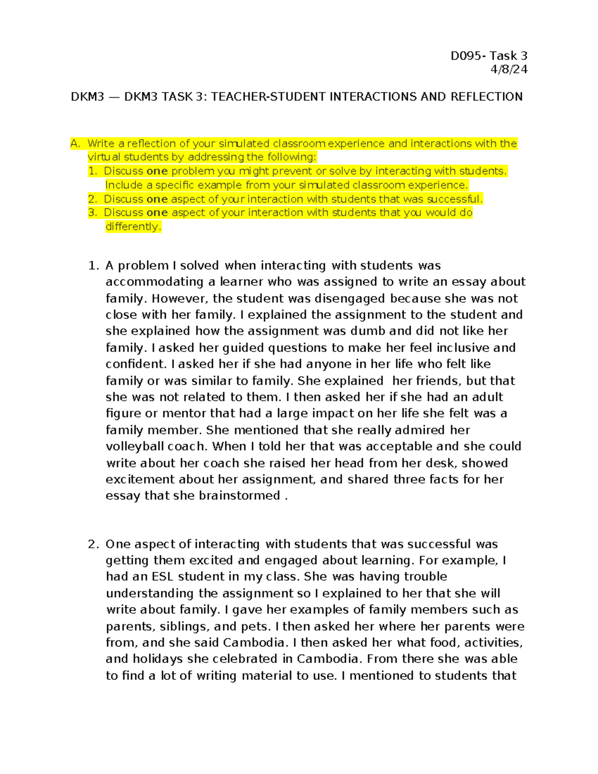 D095 - Task 3 Reflection on Teacher-Student Interactions - Studocu