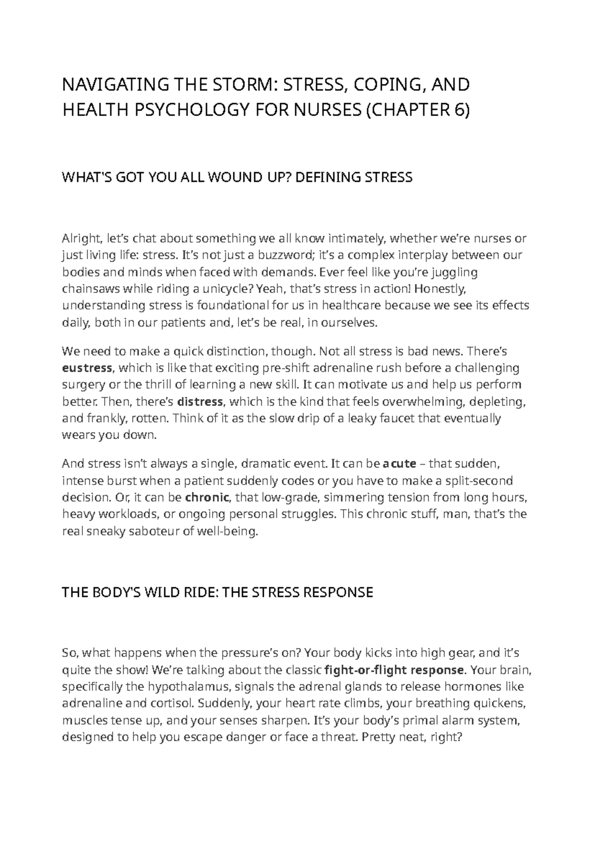 Psychology for Nurses (CHAPTER 6): Understanding Stress and Coping ...