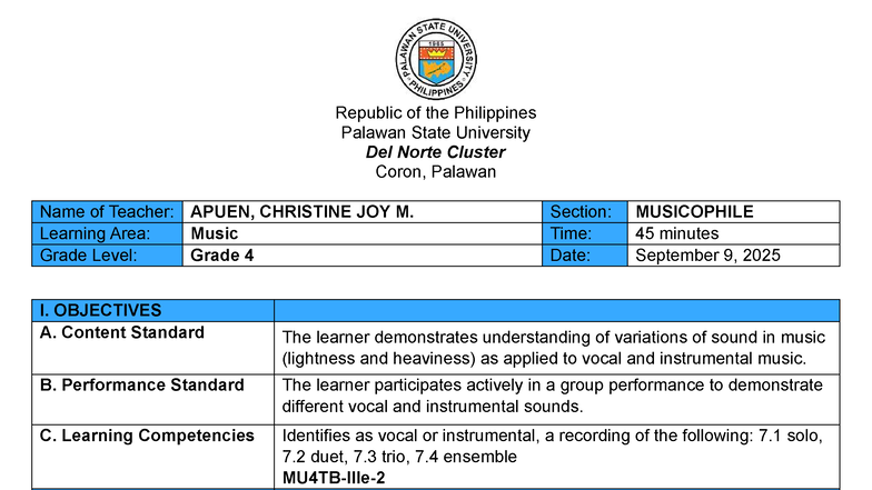 Detailed Lesson Plan in Music for Grade 4 - APUEN, CJ - Studocu