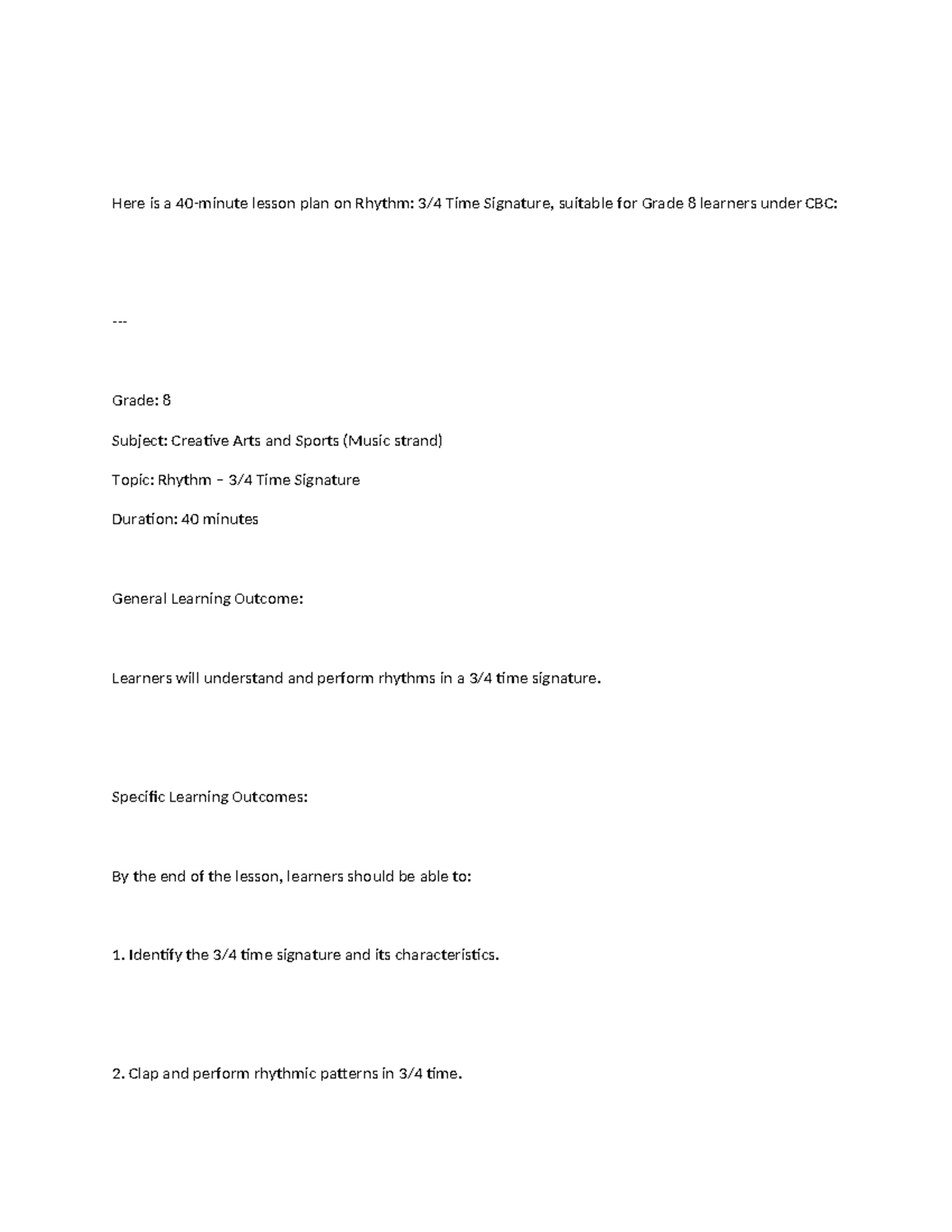 Lesson Plan: Understanding Rhythm & Time Signature for Grade 8 - Studocu