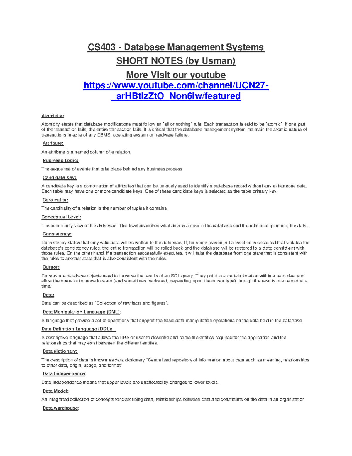 CS403 Final Viva Short Notes on Database Management Systems - Studocu