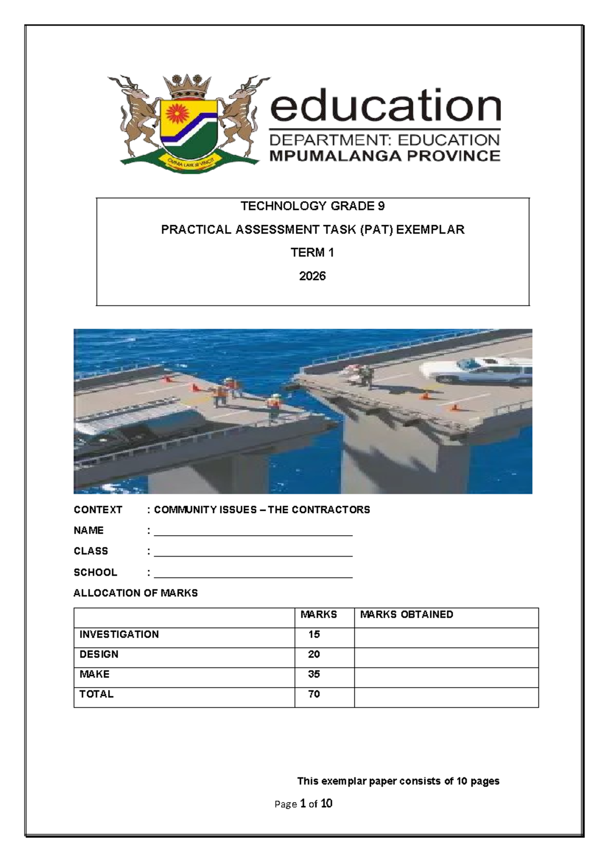 Technology Grade 9 Practical Assessment Task (PAT) Exemplar Term 1 2026 ...