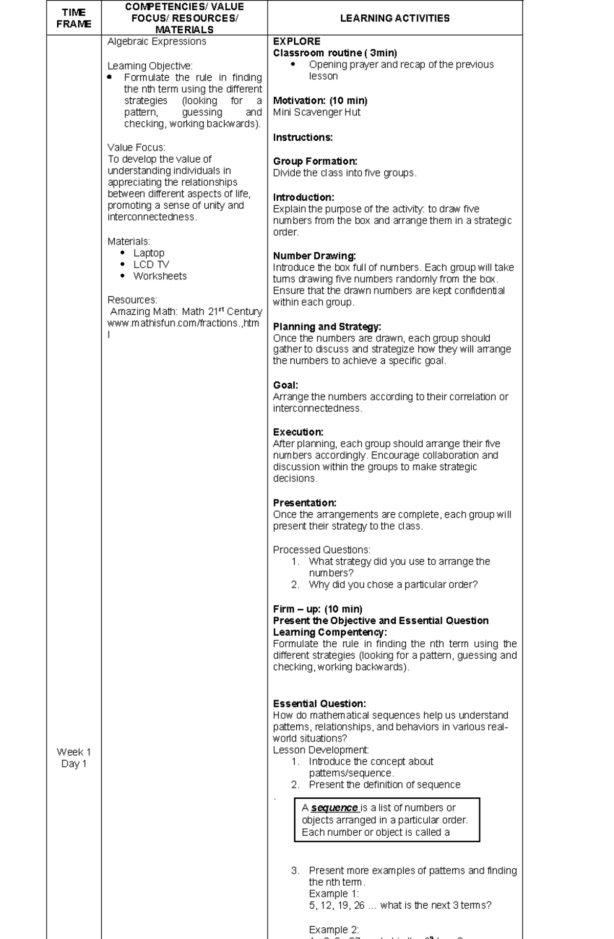 Lesson PLAN - TIME FRAME COMPETENCIES/ VALUE FOCUS/ RESOURCES ...