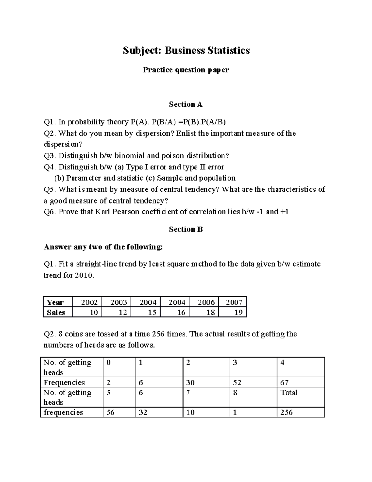 Business Statistics Practice Question Paper (BUS 101) - Studocu