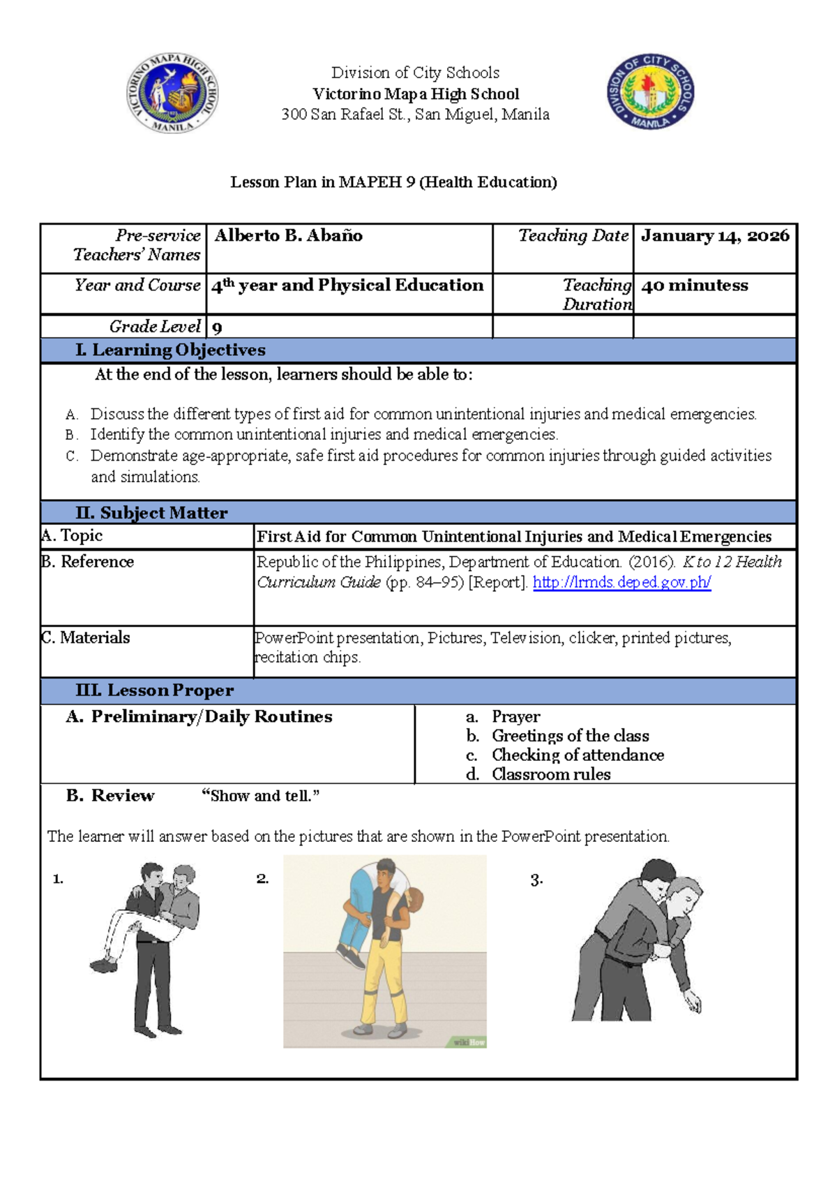 Lesson Plan in MAPEH 9: First Aid for Common Injuries - Studocu