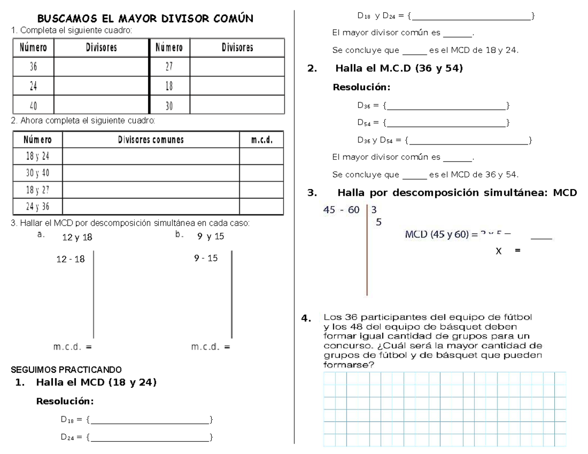 Ficha DE MATE 10-0'7: Cálculo del Máximo Común Divisor (MCD) - Studocu