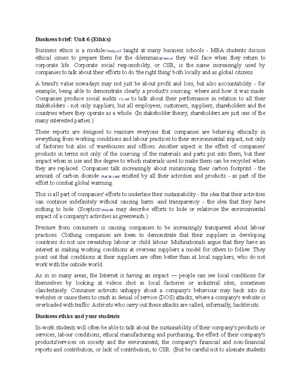 Unit 6: Business Ethics Overview and Corporate Responsibility - Studocu