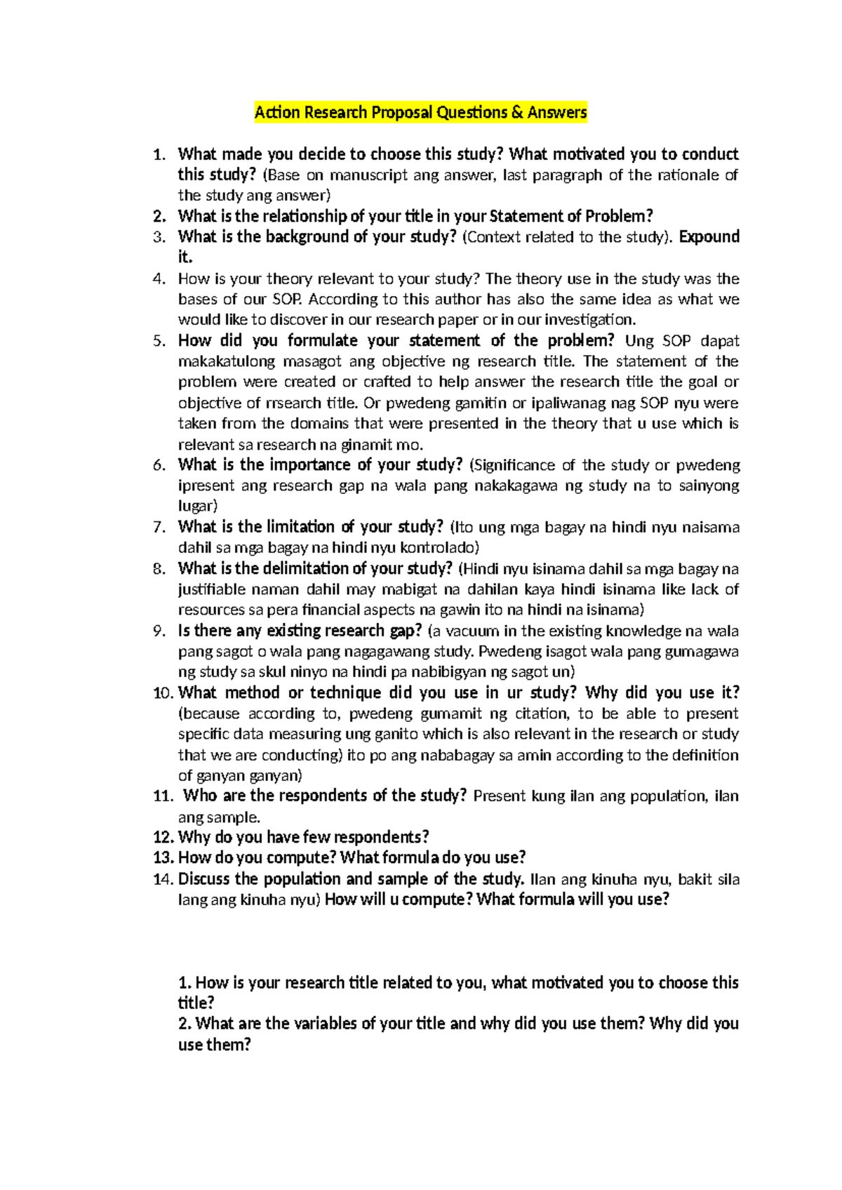 Action Research Proposal Questions - What made you decide to choose ...