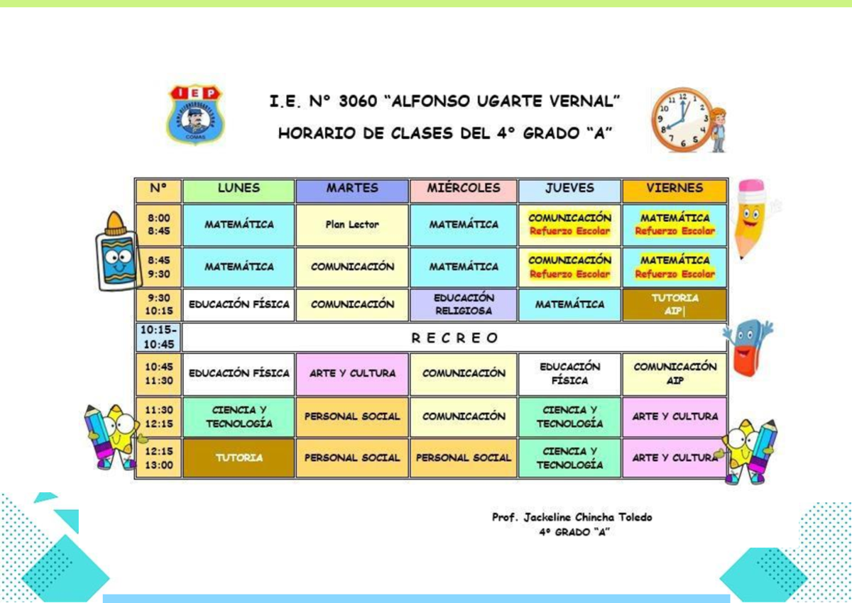 Horario Semanal 4A - IEP I.E. 3060 Grado 8 - Studocu