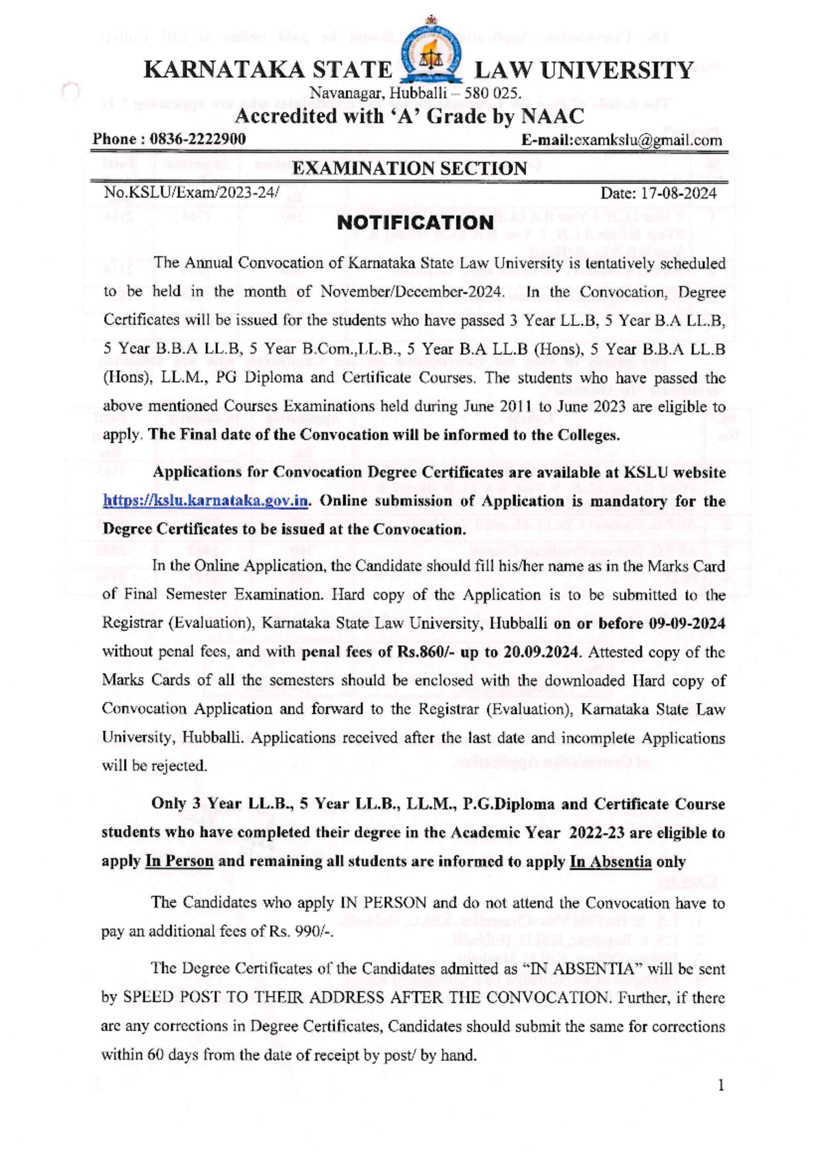 Notification for KSLU 7th Convocation: Application Details & Deadlines - Studocu