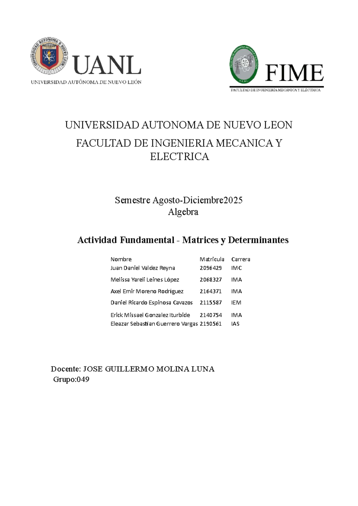 Algebra Semestre: Matrices y Determinantes - Actividad Fundamental ...