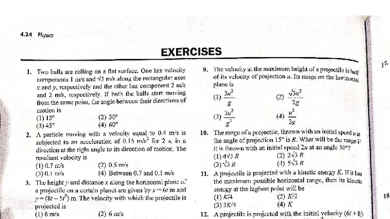 Physics 4.24: Exercises on Projectile Motion and Kinematics - Studocu