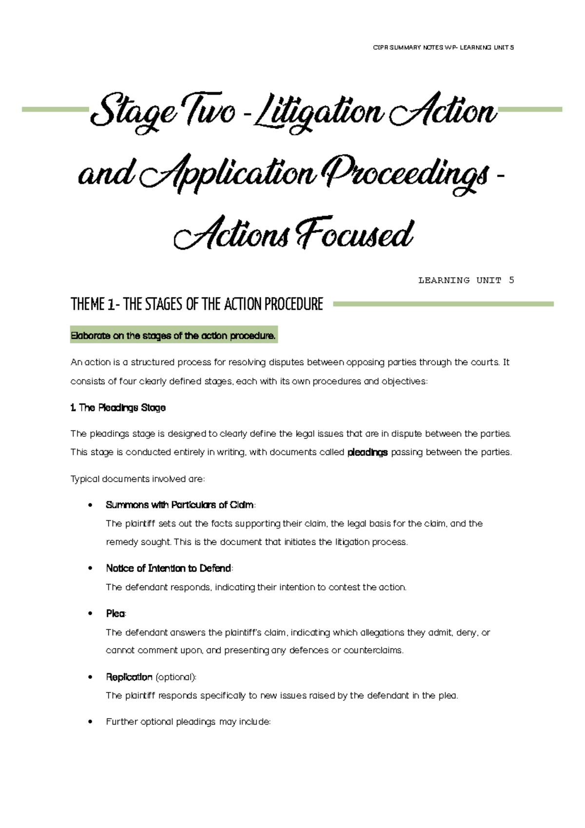 CIPR Summary Notes: Learning Unit 5 - Stages of the Action Procedure ...