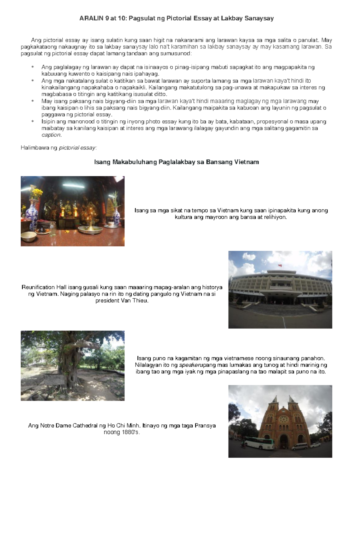 Aralin 9 at 10: Pagsulat ng Pictorial Essay at Lakbay Sanaysay - Studocu