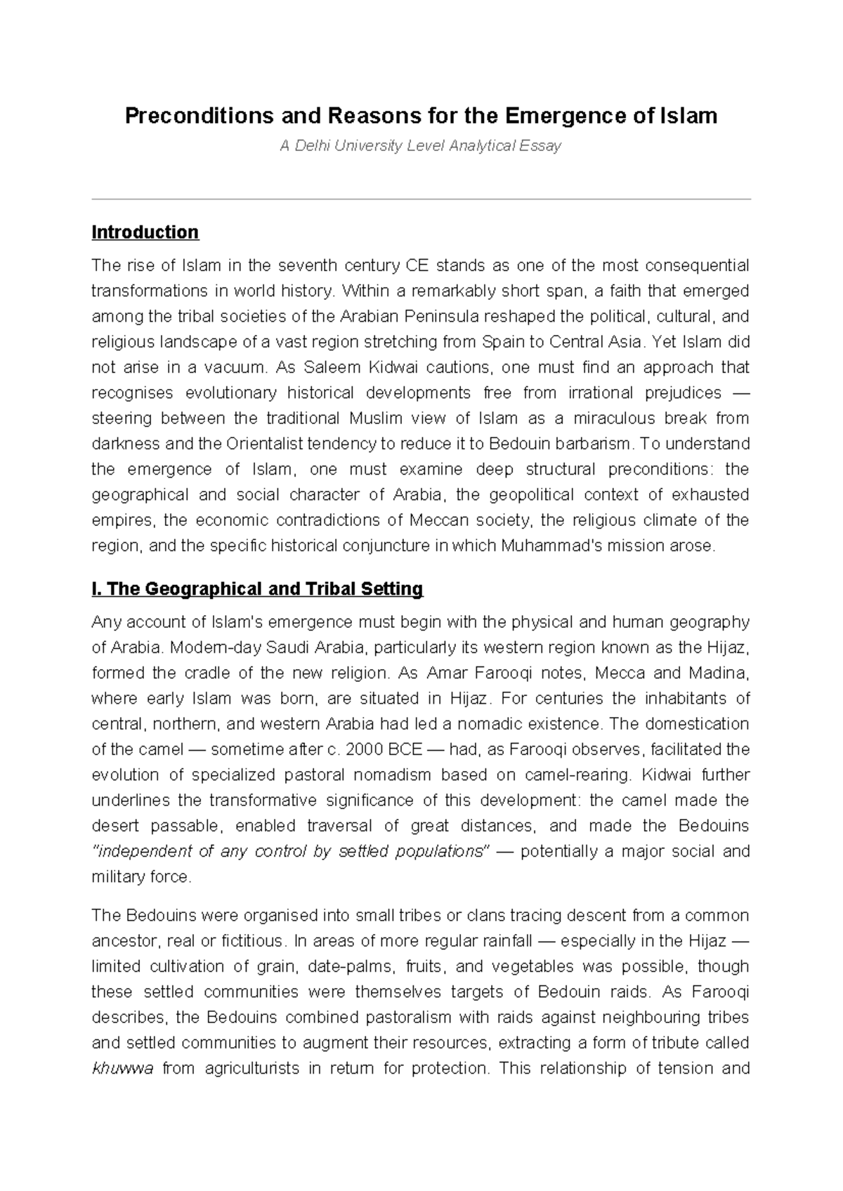 Preconditions for the Emergence of Islam: A Delhi University Essay ...