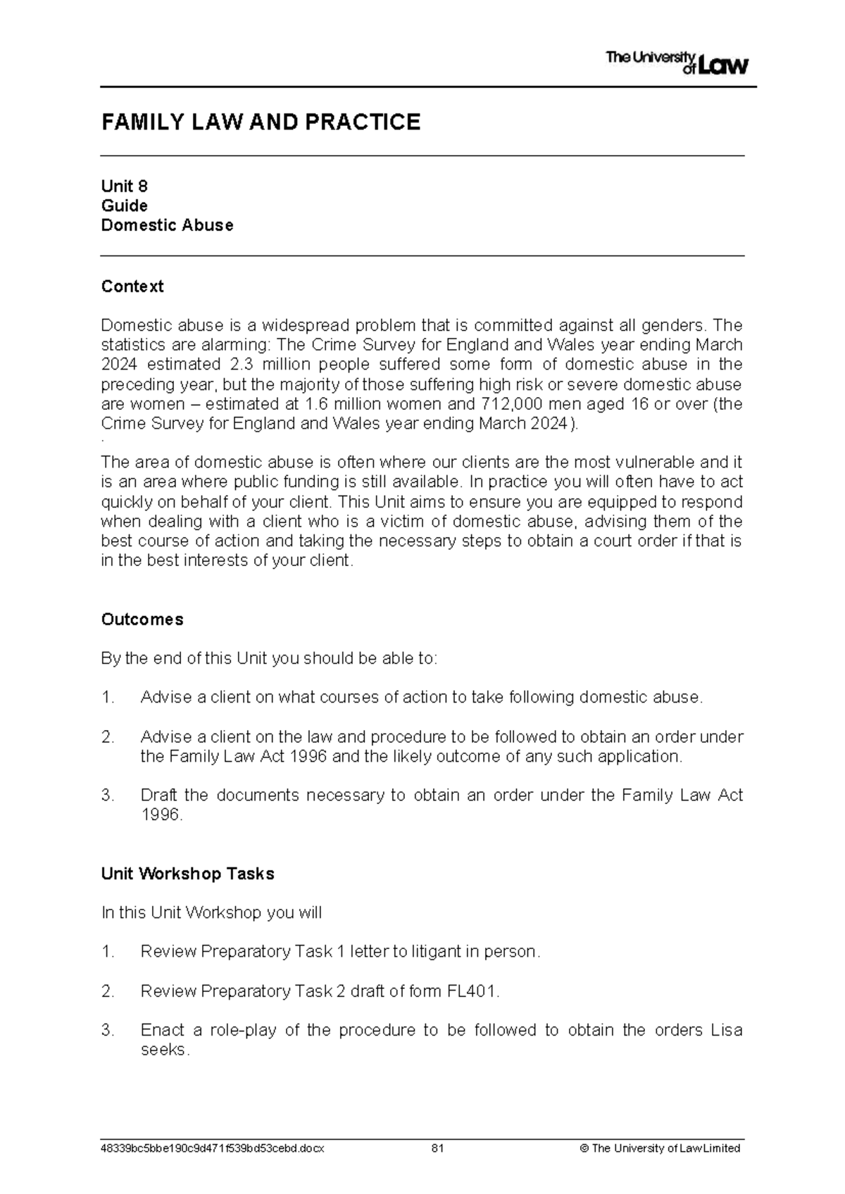 FAMILY LAW AND PRACTICE Unit 8 Guide: Addressing Domestic Abuse Issues ...