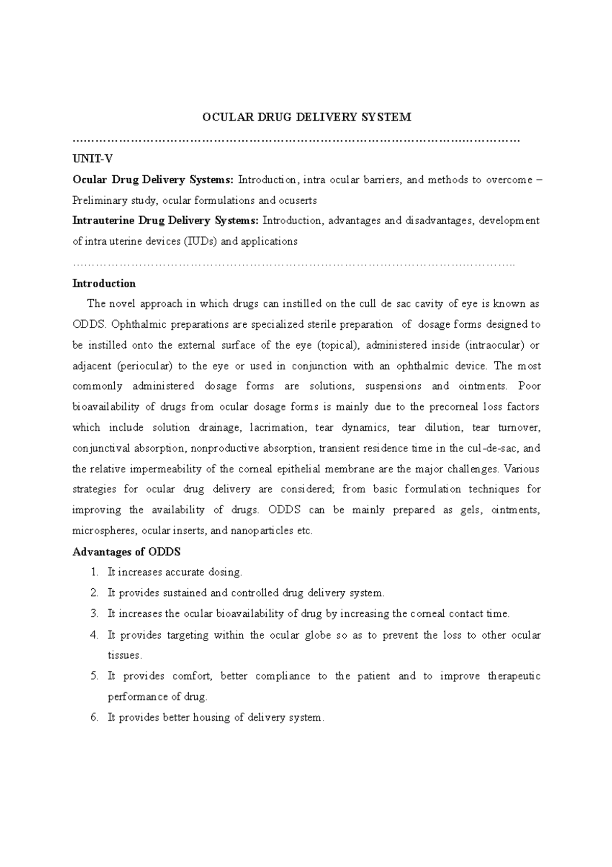 NDDS UNIT V - Ocular Drug Delivery Systems: Overview and Strategies ...