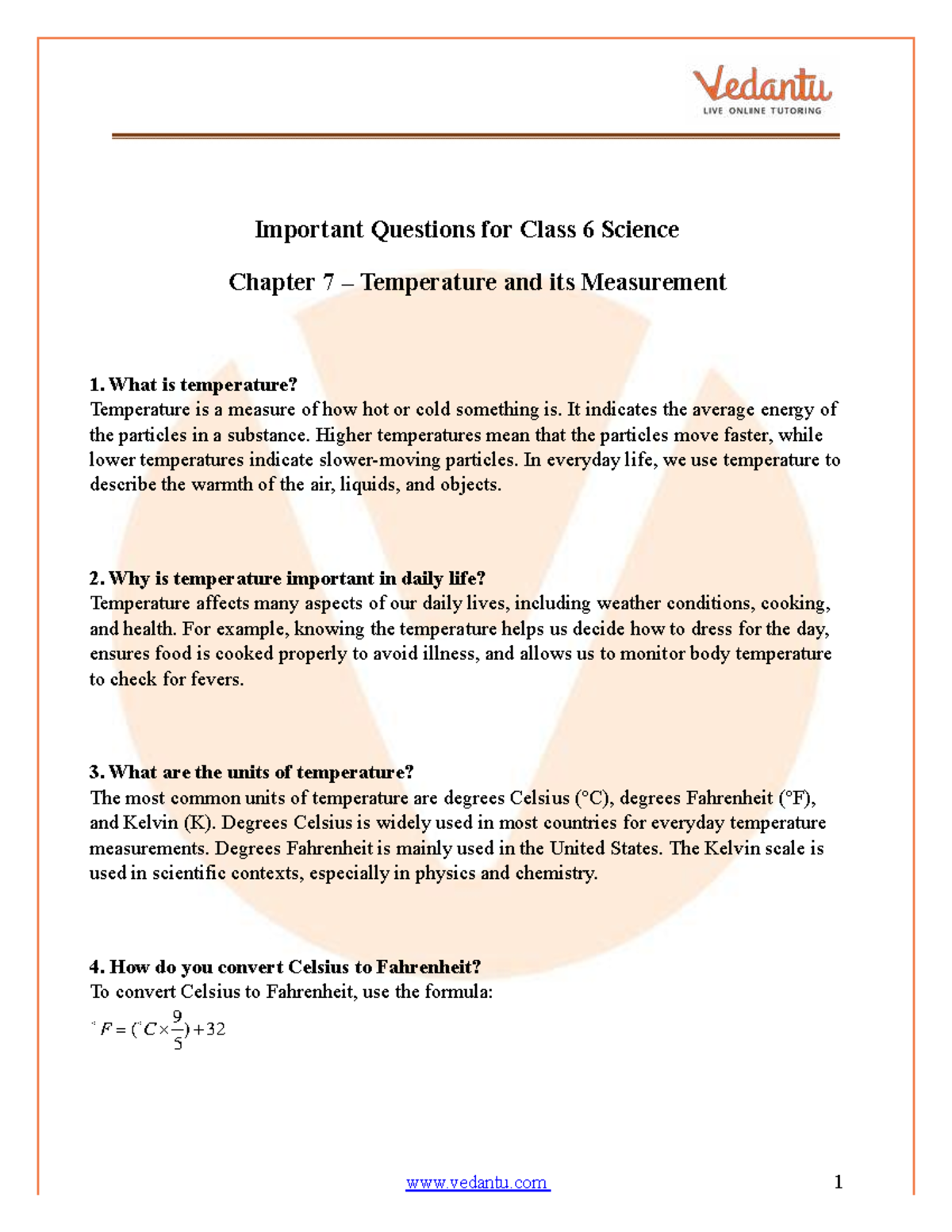 Important Questions for Class 6 Science: Chapter 7 - Temperature ...