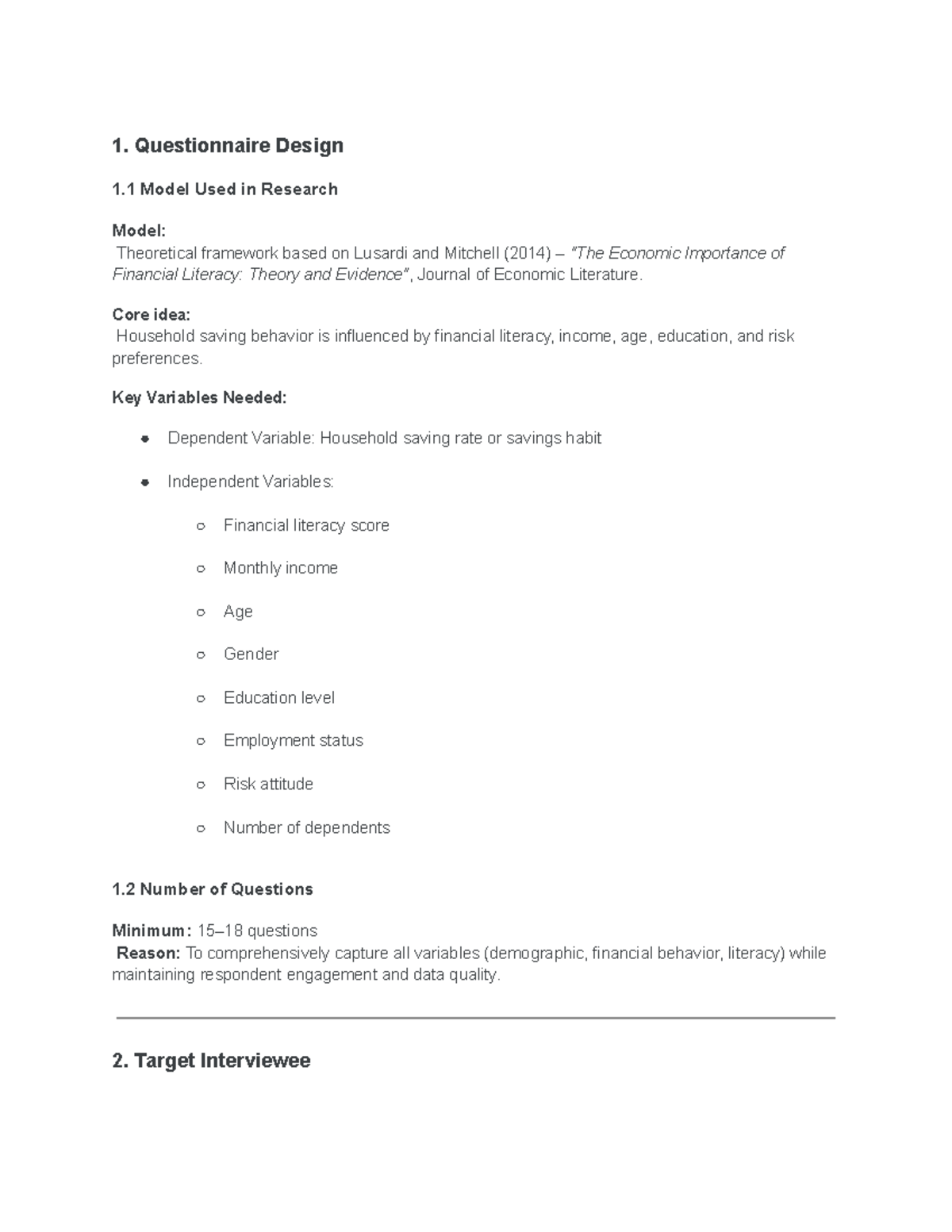 Questionnaire Design for Financial Literacy Research (ECO 101) - Studocu