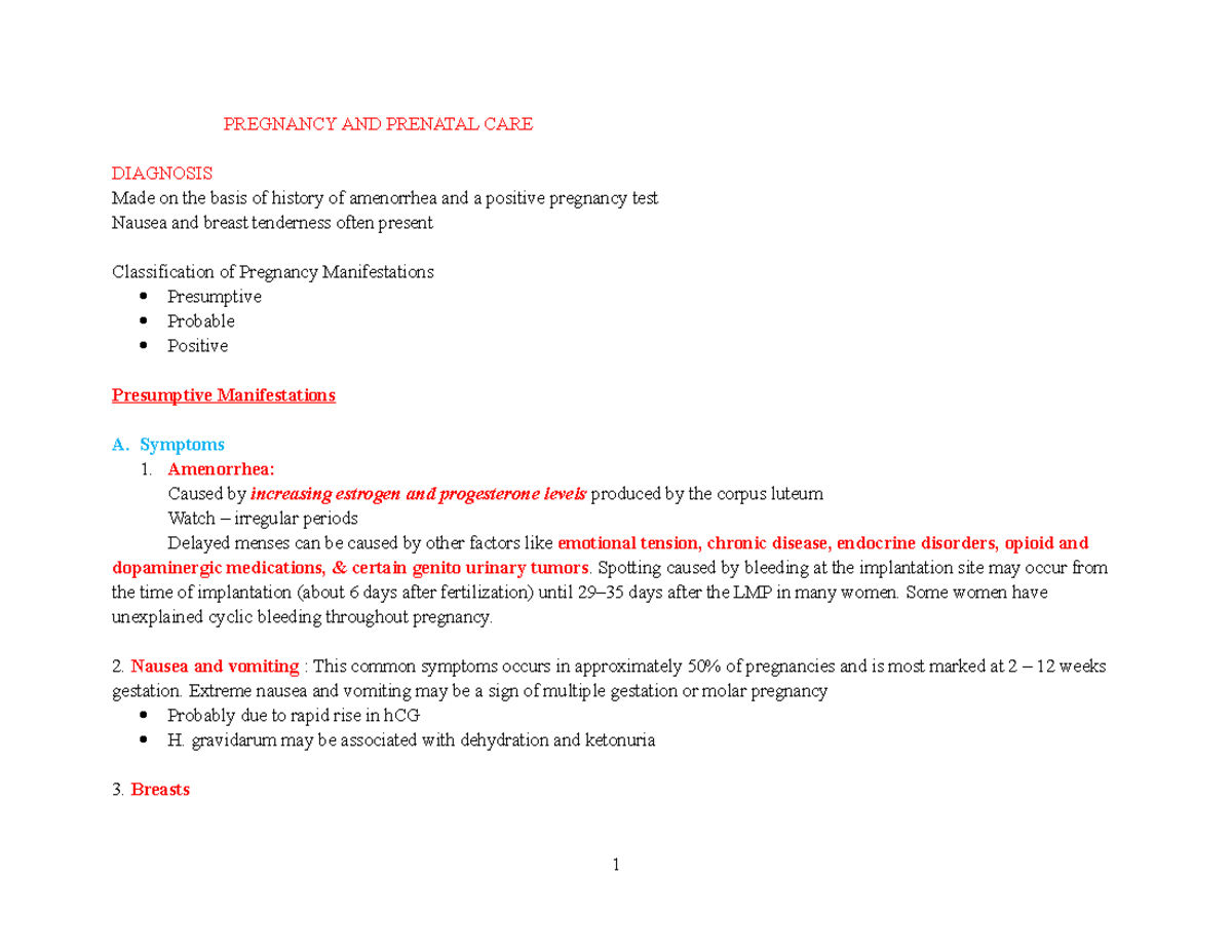 Normal Pregnancy & Prenatal Care Notes (Course Code: Prenatal-1) - Studocu