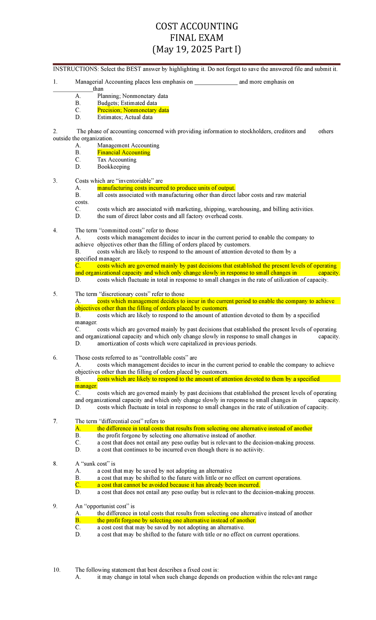 COST ACCOUNTING FINAL EXAM (COST 101) - May 19, 2025 Part I Review ...