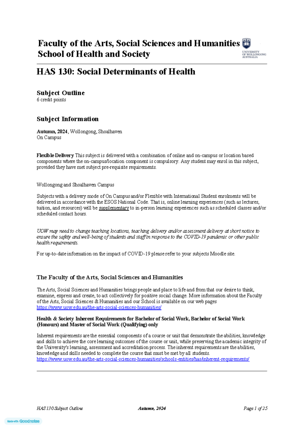 HAS 130: Social Determinants of Health Subject Outline - Autumn 2024 ...