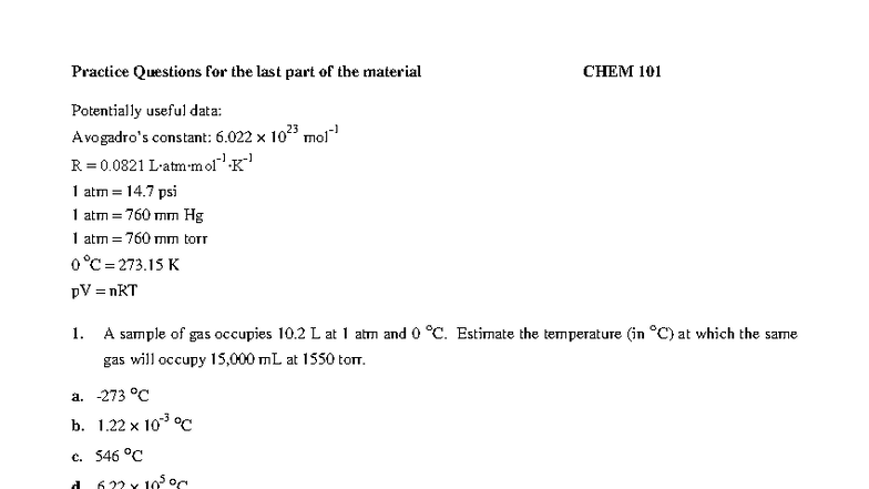 Practice Questions for CHEM 101: Final Exam Review - Studocu