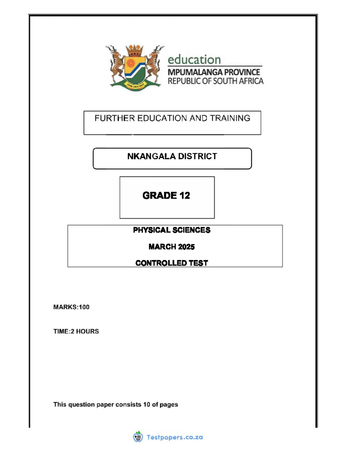 Physical Sciences Grade 12 NSC March 2025 Exam Paper - Mpumalanga - Studocu