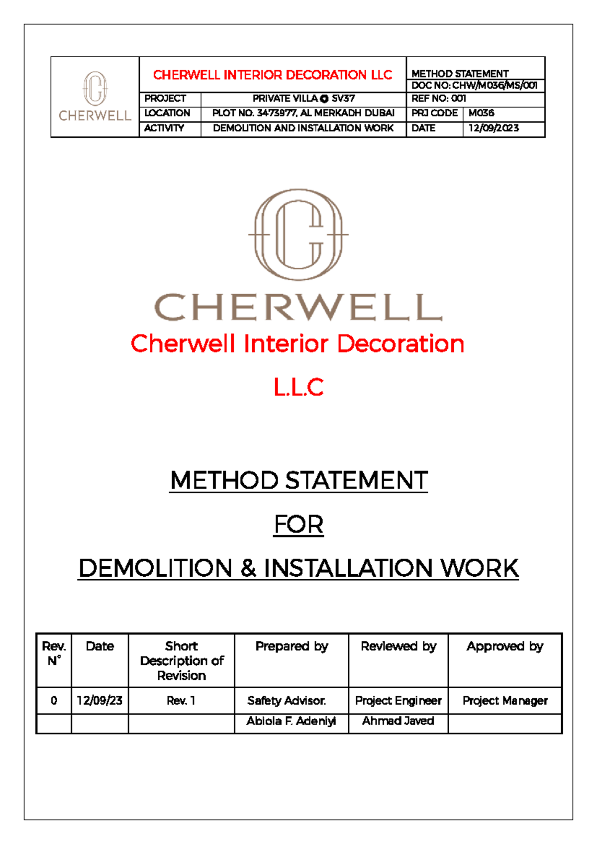 672540741 Method of Statement for Demolition Installation - DOC NO: CHW ...