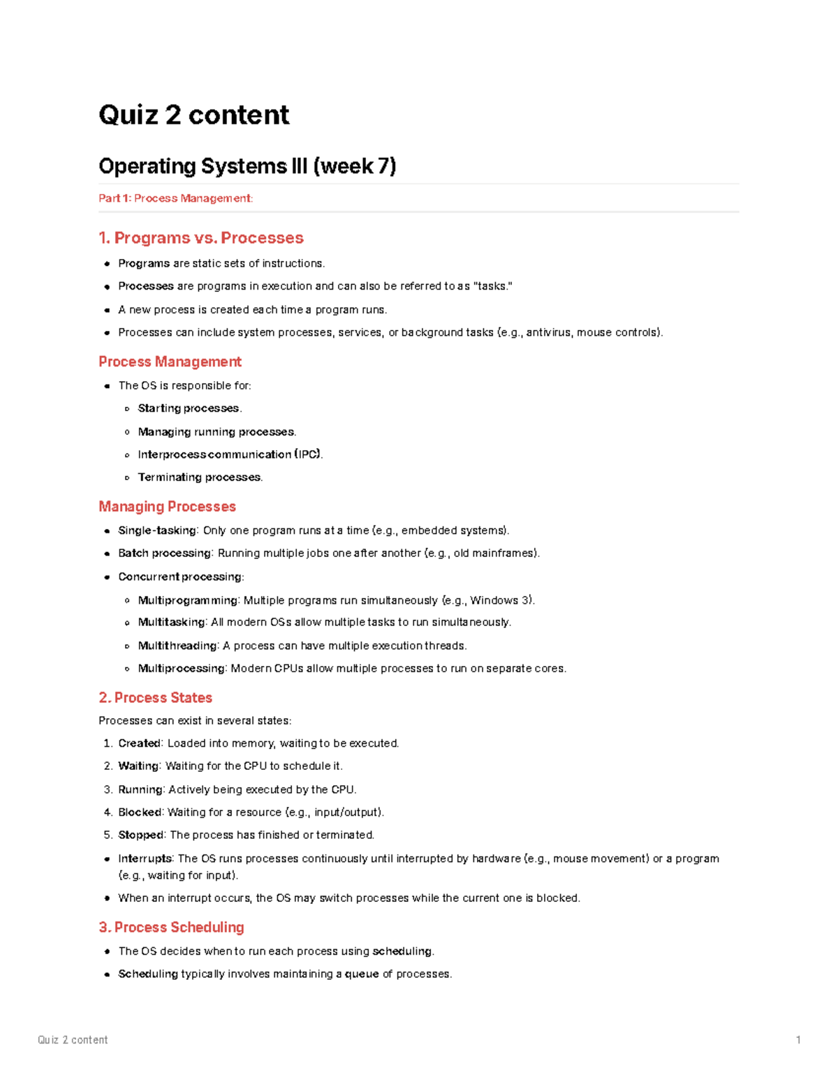 Quiz 2 Notes on Operating Systems: Process Management & Resource ...