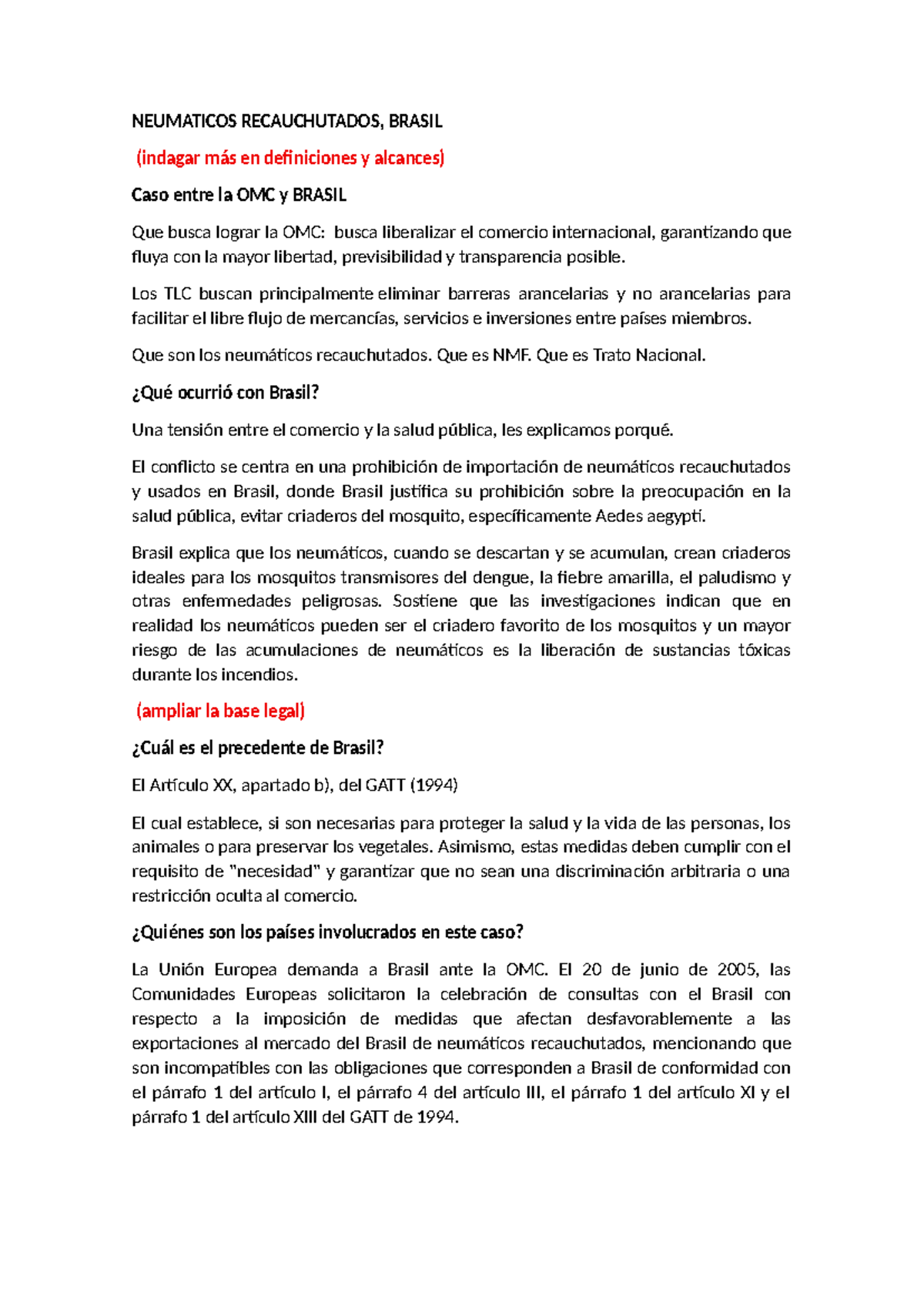 Caso OMC vs Brasil: Prohibición de Neumáticos Recauschutados - Studocu
