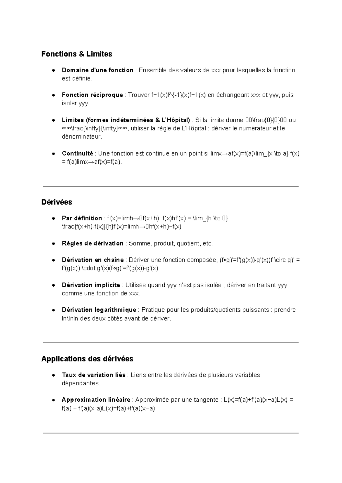 MAT 1720 Résumé de l'examen sur les fonctions et dérivées - Studocu