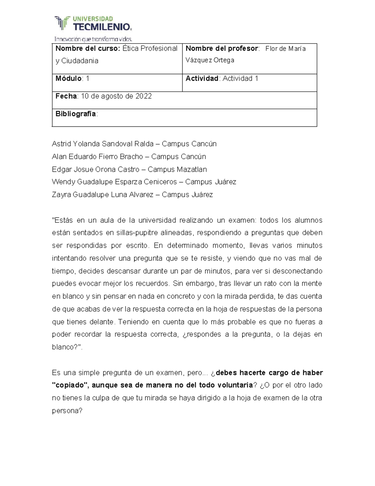 Actividad 1: Ética Profesional - Reflexiones sobre la Integridad - Studocu