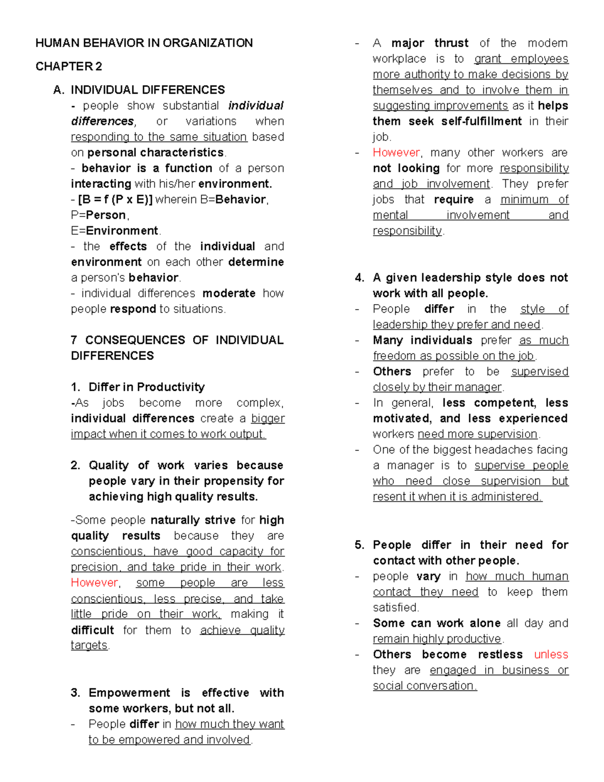 HBO 2: Individual Differences in Human Behavior and Their Impacts - Studocu