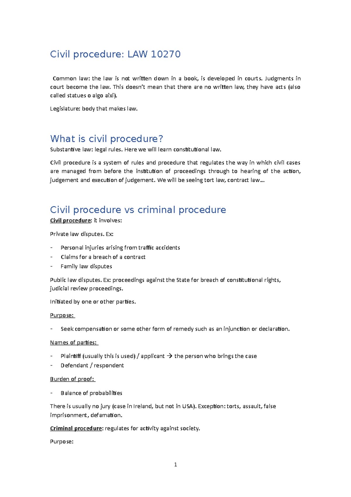 Civil Procedure Overview - LAW 10270 Lecture Notes - Studocu