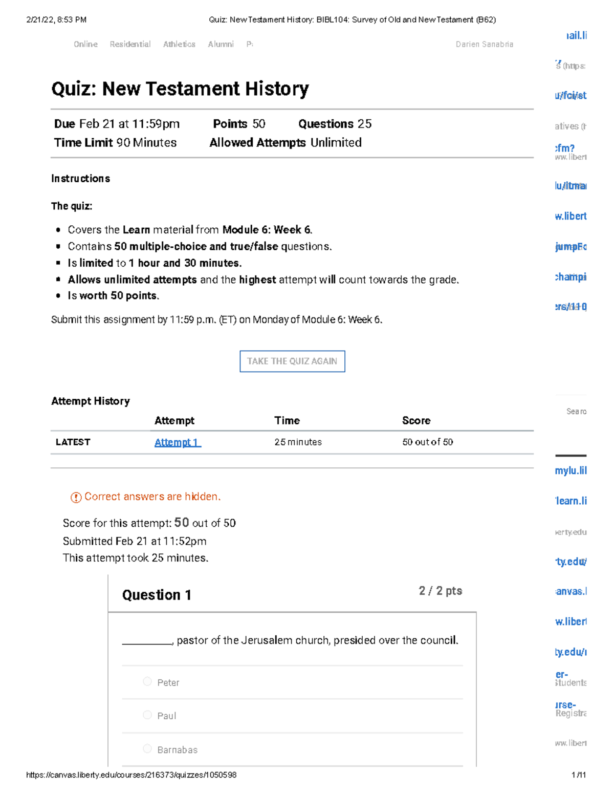 Quiz New Testament History BIBL104 Survey of Old and New Testament (B62 ...