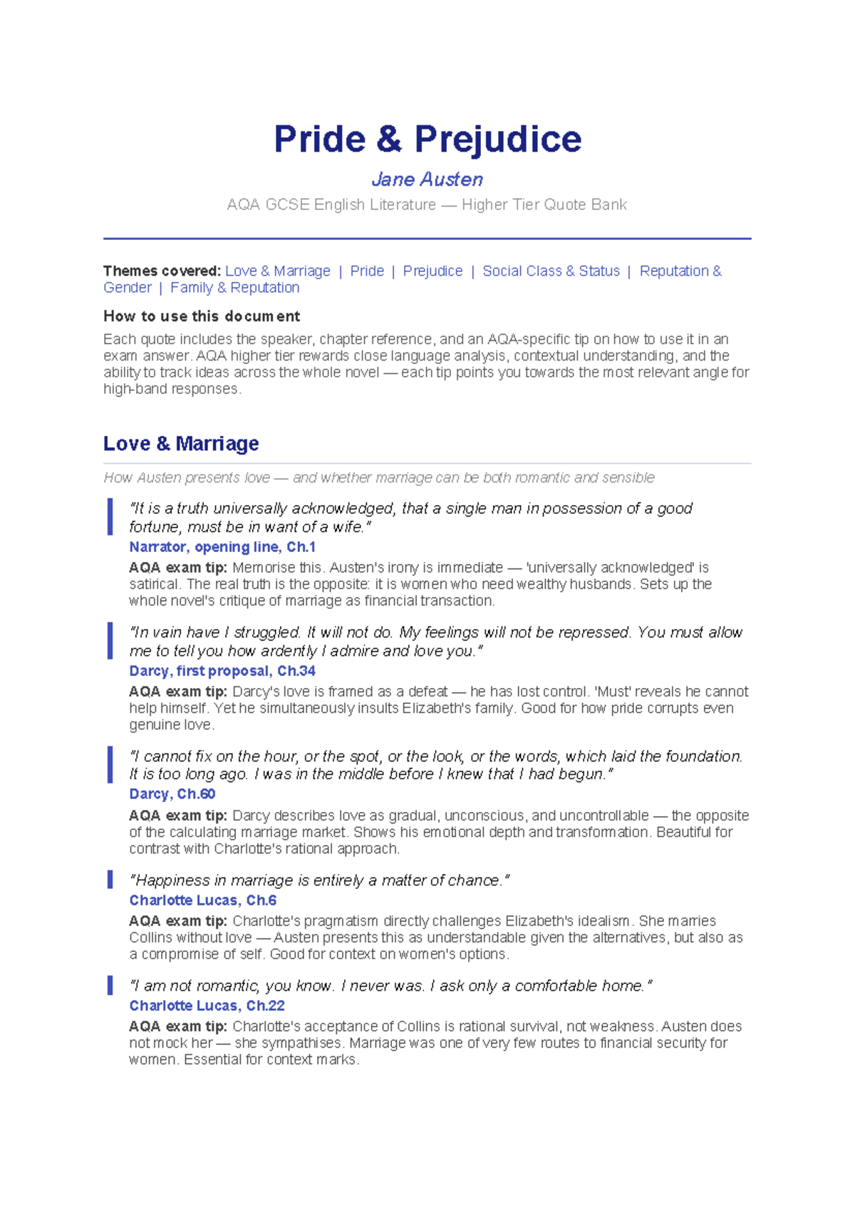 AQA GCSE English Literature: Pride and Prejudice Quote Bank - Studocu