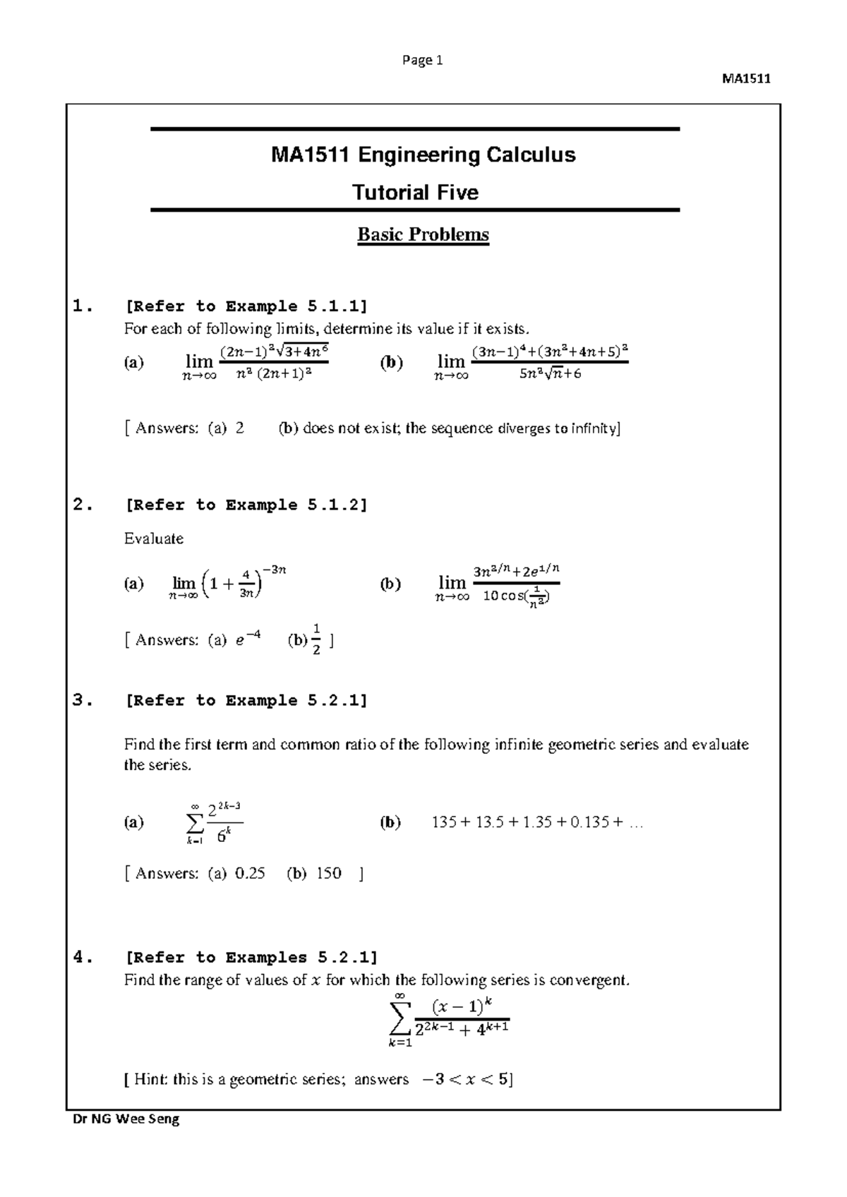MA1511 2021S2 Tutorial 5 - Page 1 MA Dr NG Wee Seng MA1511 Engineering Calculus Tutorial Five ...