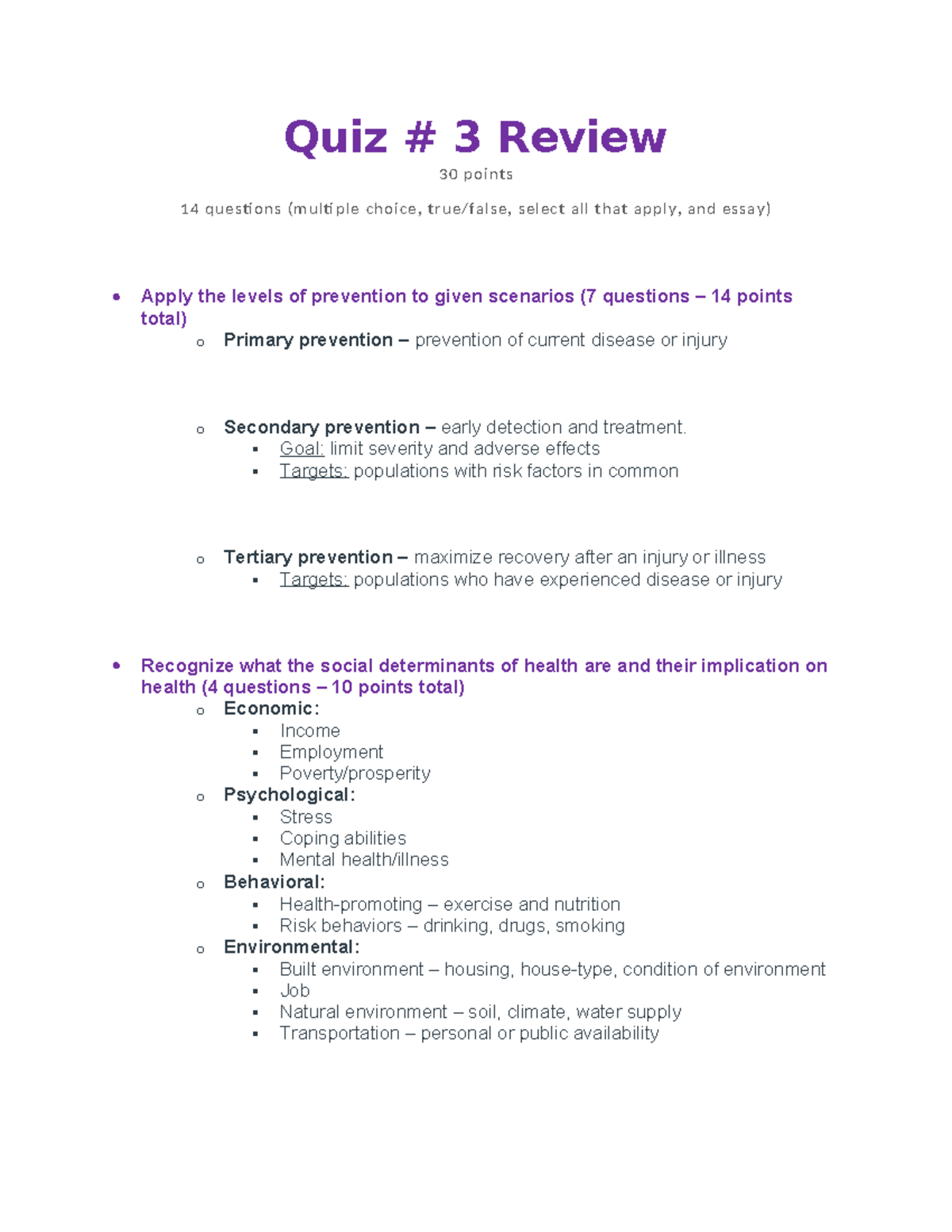Quiz #3 Review - Social Determinants of Health & Prevention Levels ...