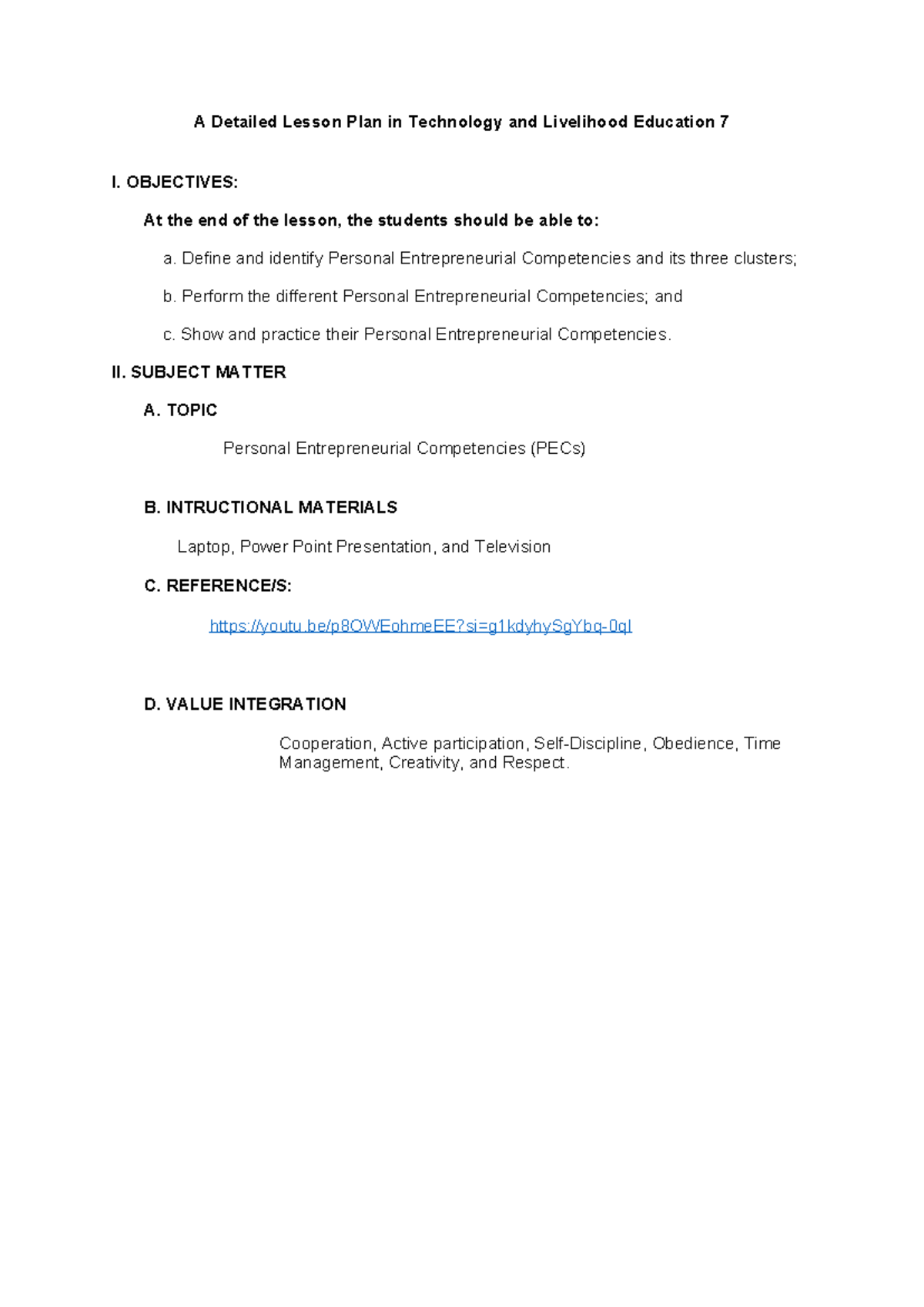 Entrep-G7 - Final Lesson Plan on Personal Entrepreneurial Competencies ...