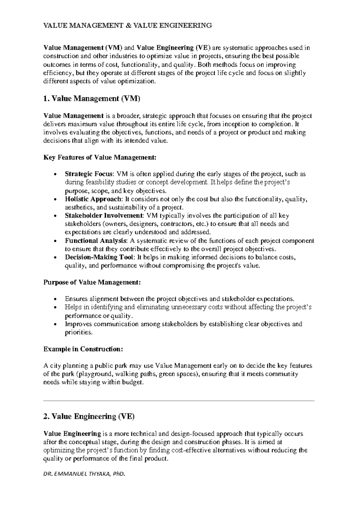 VALUE MANAGEMENT & VALUE ENGINEERING: Key Concepts & Differences - Studocu