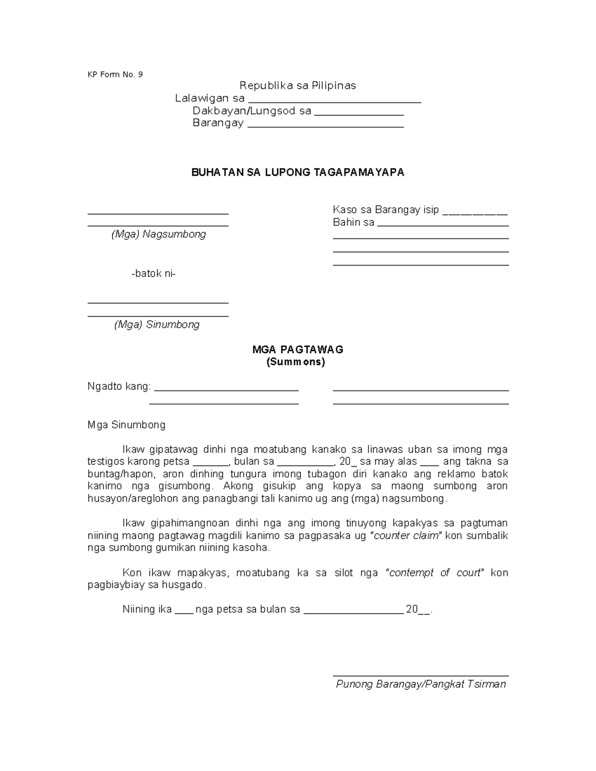 9 KP Form Summons Sample Document for Barangay Cases - Studocu